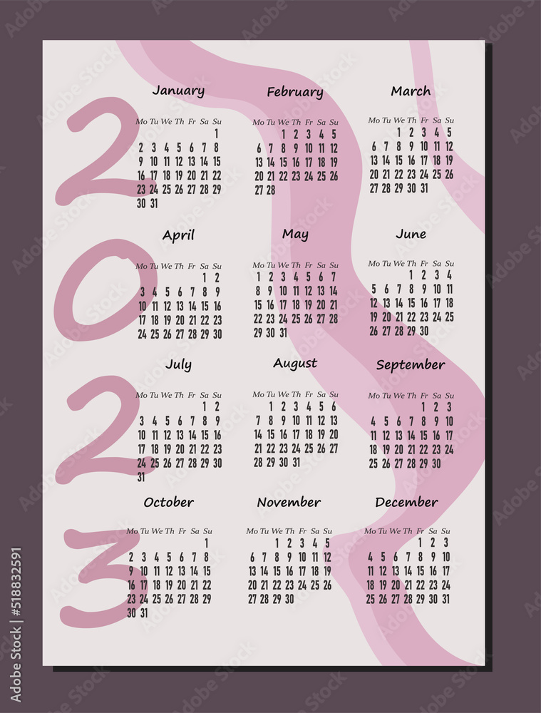 2023 calendar, vertical calendar 2022 template in pink pastel colors ...