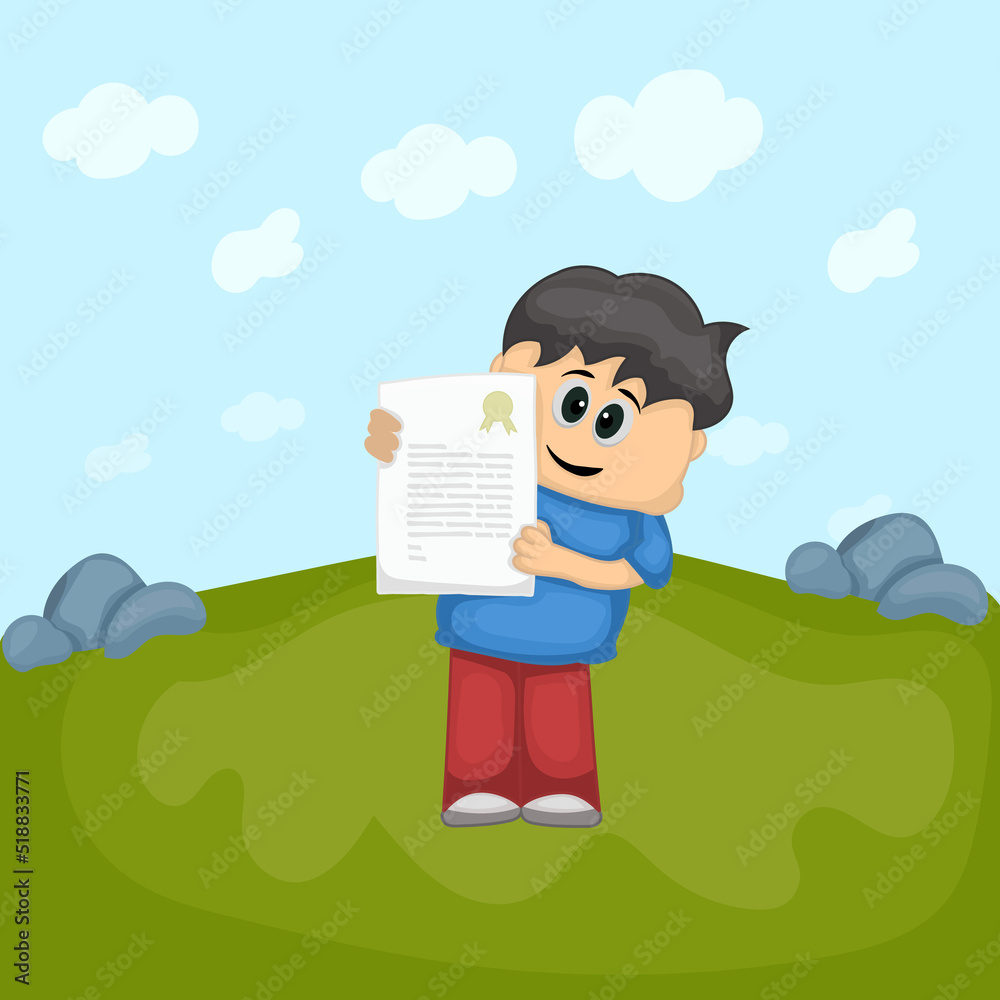 Cartoon boy showing document with landscape background Stock Vector ...