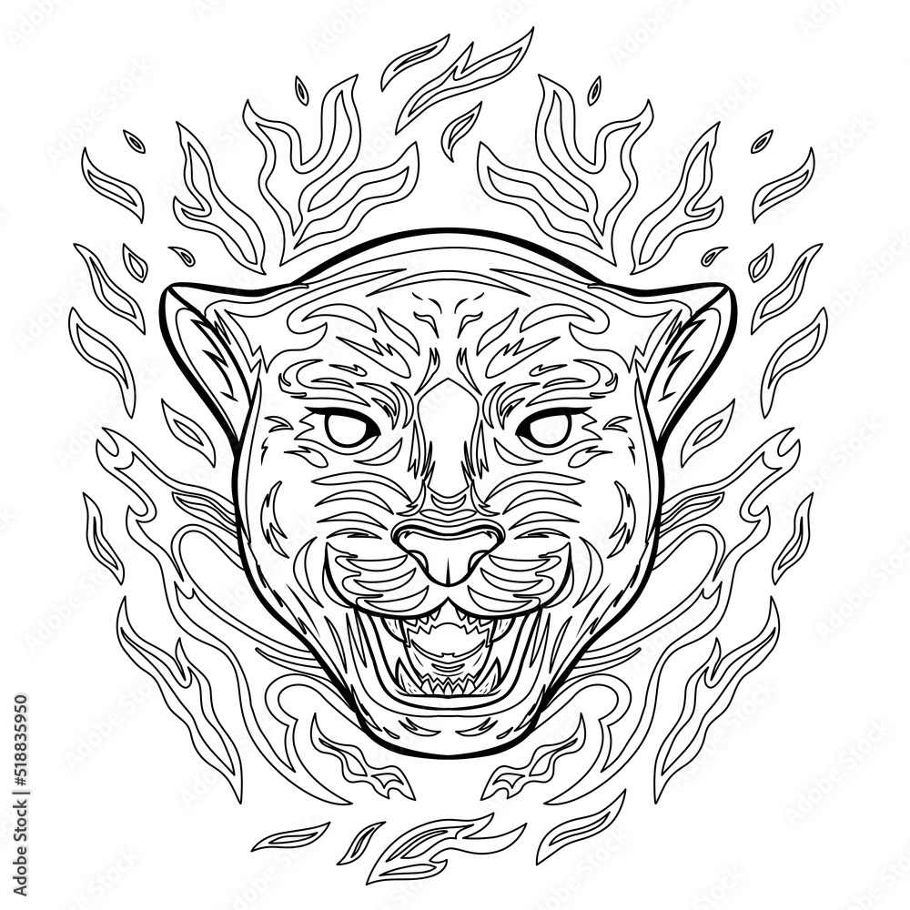 Coloring page with panther head and abstract flames. Antistress ...
