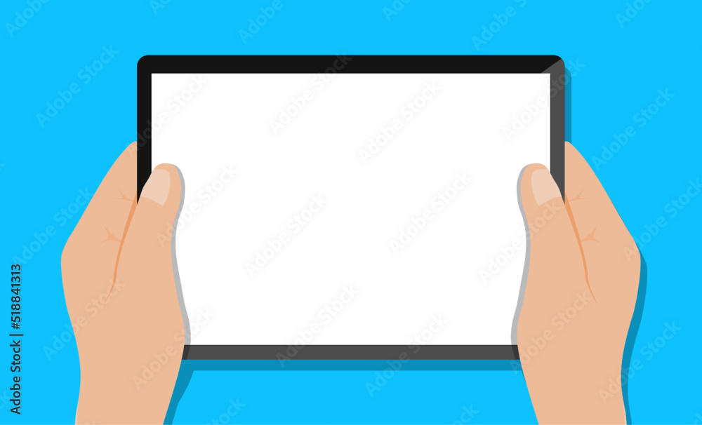 Hands hold pad with white screen vector flat illustration for website ...