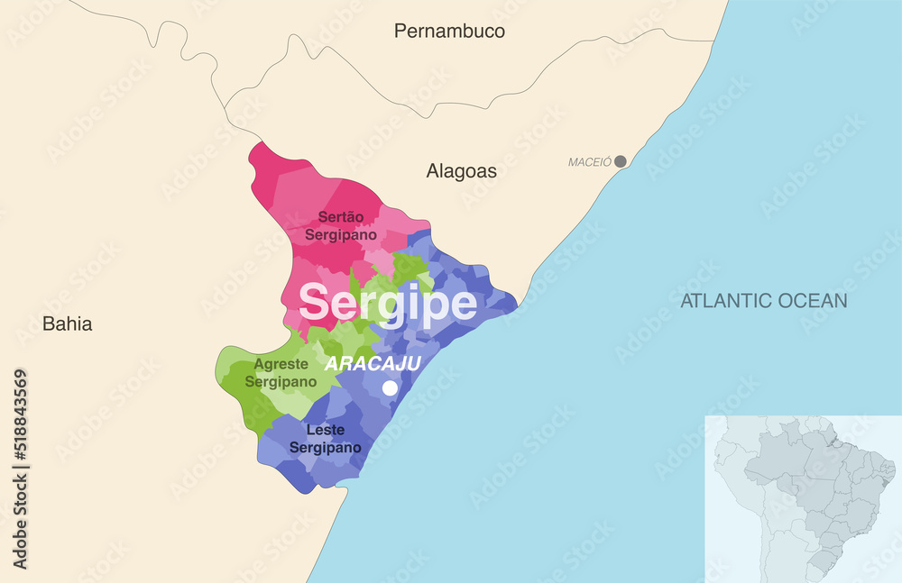 Brazil state Sergipe administrative map showing municipalities colored ...