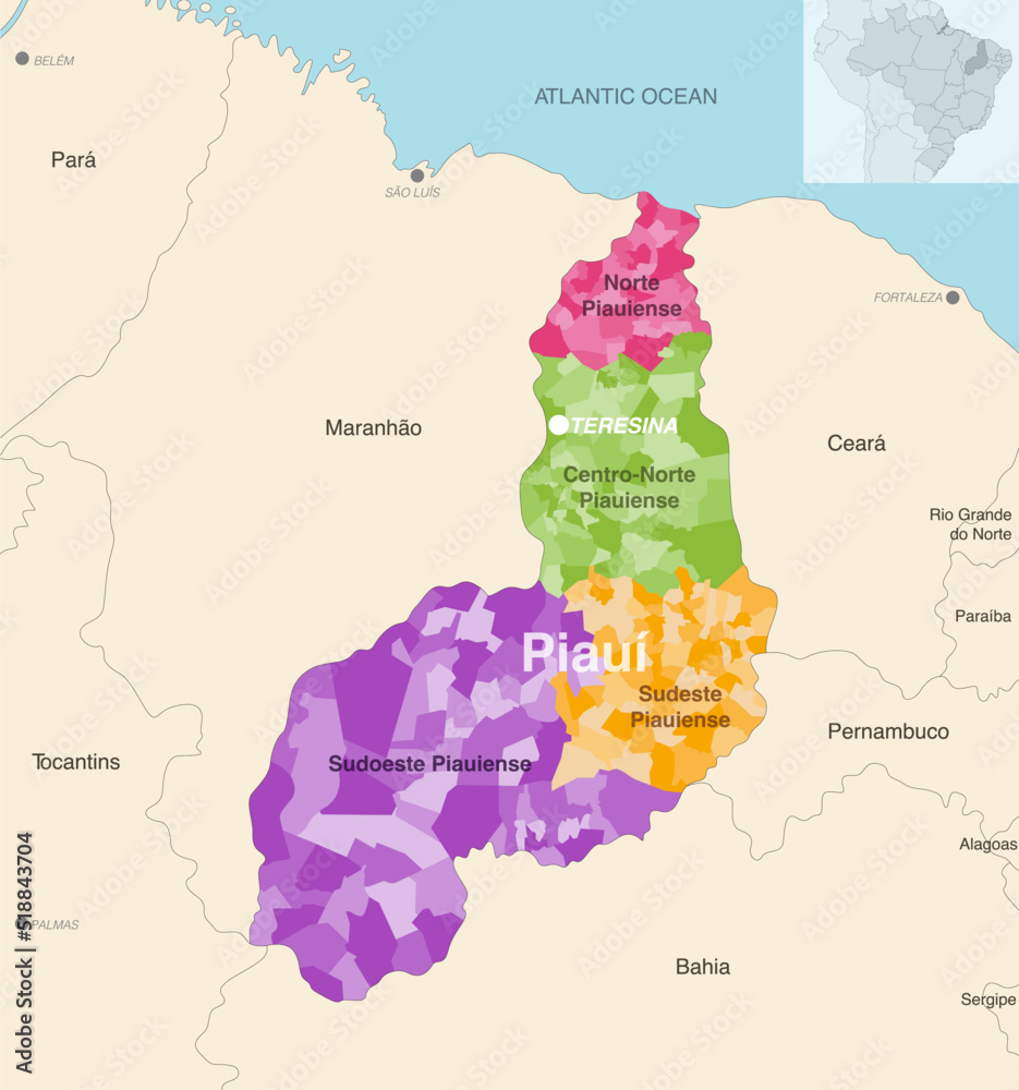 Brazil state Piaui administrative map showing municipalities colored by ...