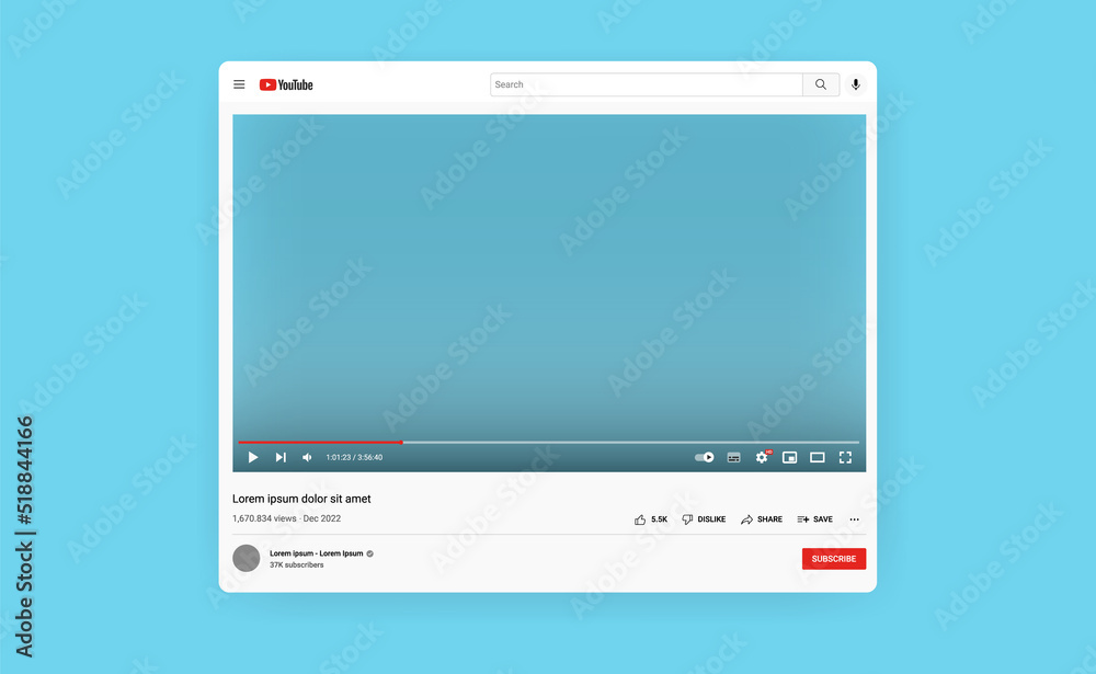 YouTube video frame transparent window realistic vector illustration ...