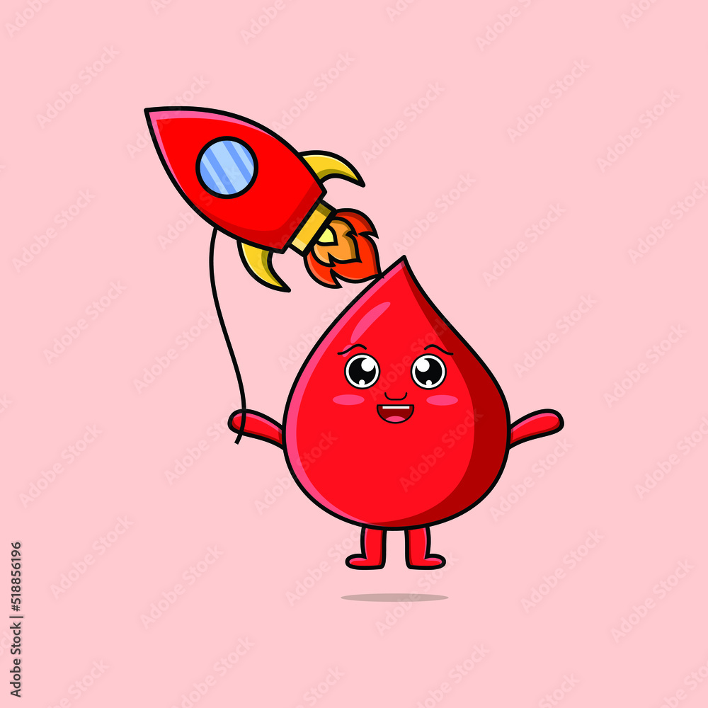 Cute cartoon blood drop floating with rocket balloon cartoon vector ...