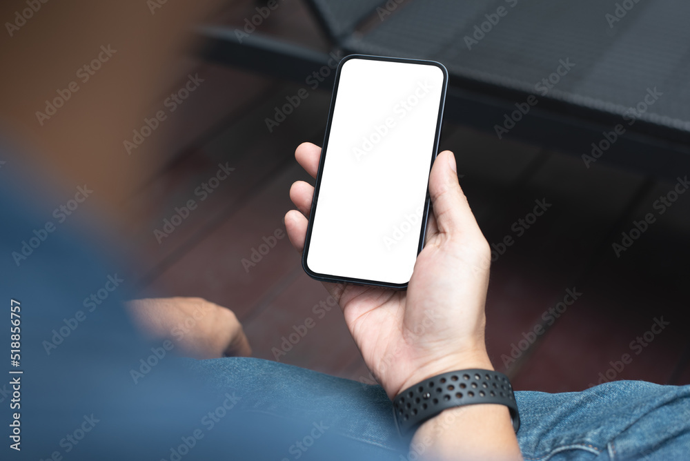 Mobile phone mockup for advertising. Mock up image of man hand holding ...