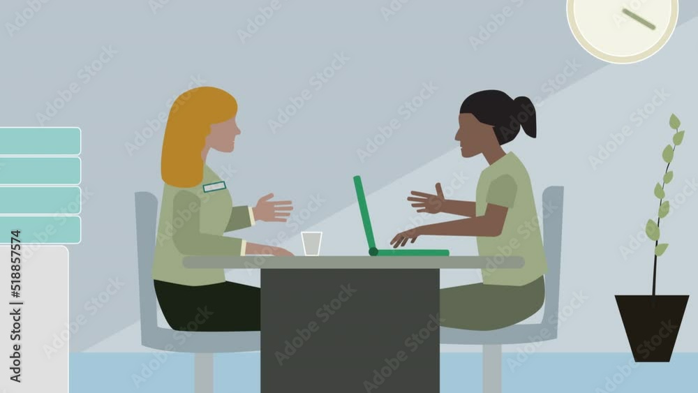 Two women talking by the table Work related Clock Water machine ...