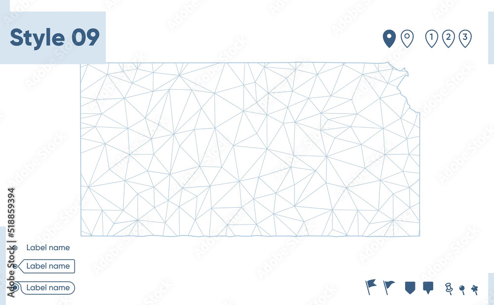 Kansas, USA - white low poly map, polygonal map. Outline map. Vector ...