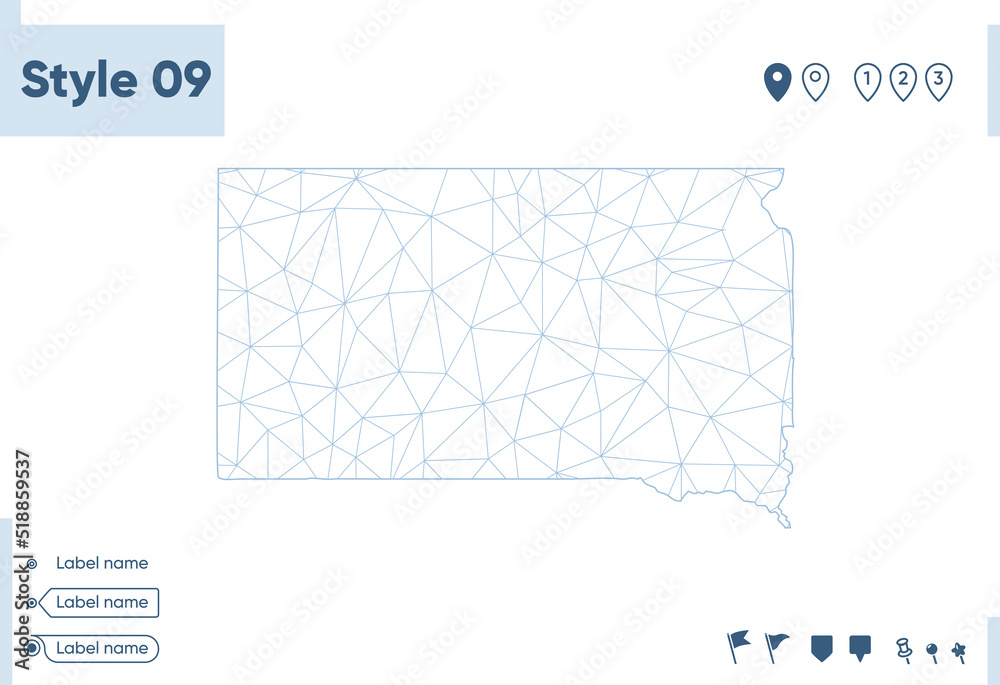 South Dakota, USA - white low poly map, polygonal map. Outline map ...