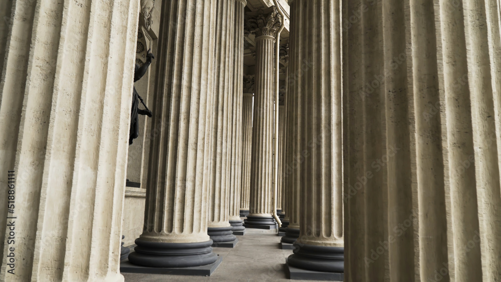 Corinthian columns of Kazan Cathedral, Saint-Petersburg, Russia. Action. Bottom view of the ...