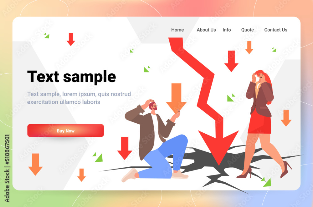 shocked businesspeople near falling down arrow company startup failure ...