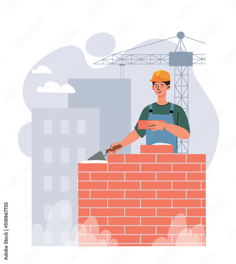 Bricklayer at workplace. Man builds wall of bricks, worker at ...