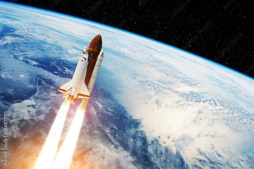 Spaceship lift off. Space shuttle with smoke and blast takes off into ...