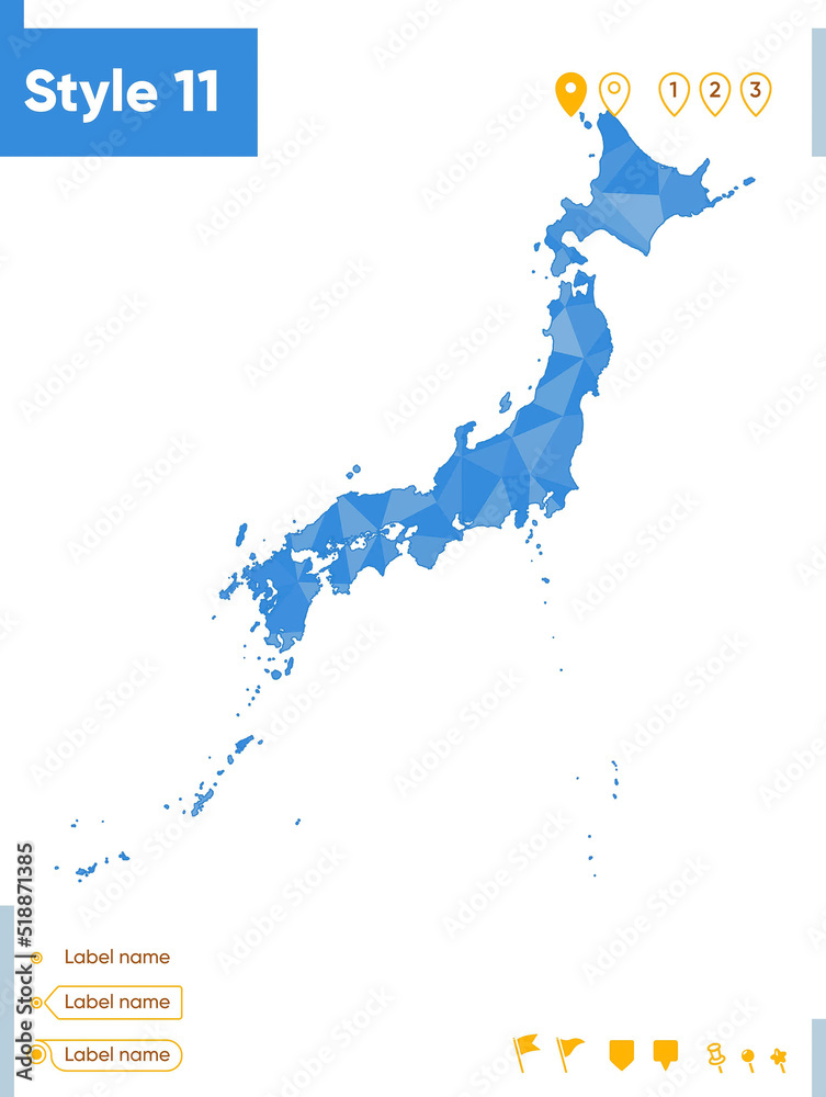 Japan - blue low poly map, polygonal map. Outline map. Vector ...