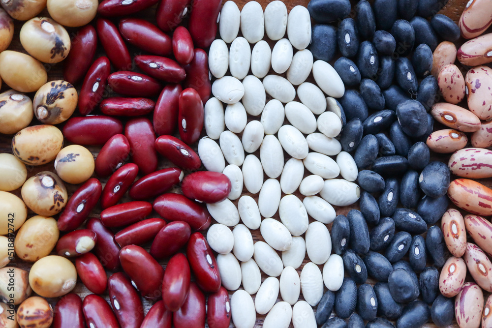 Selection of various beans including red kidney beans, jugo beans ...