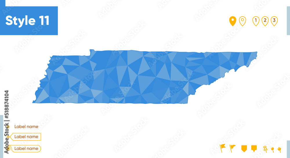 Tennessee, USA - blue low poly map, polygonal map. Outline map. Vector ...