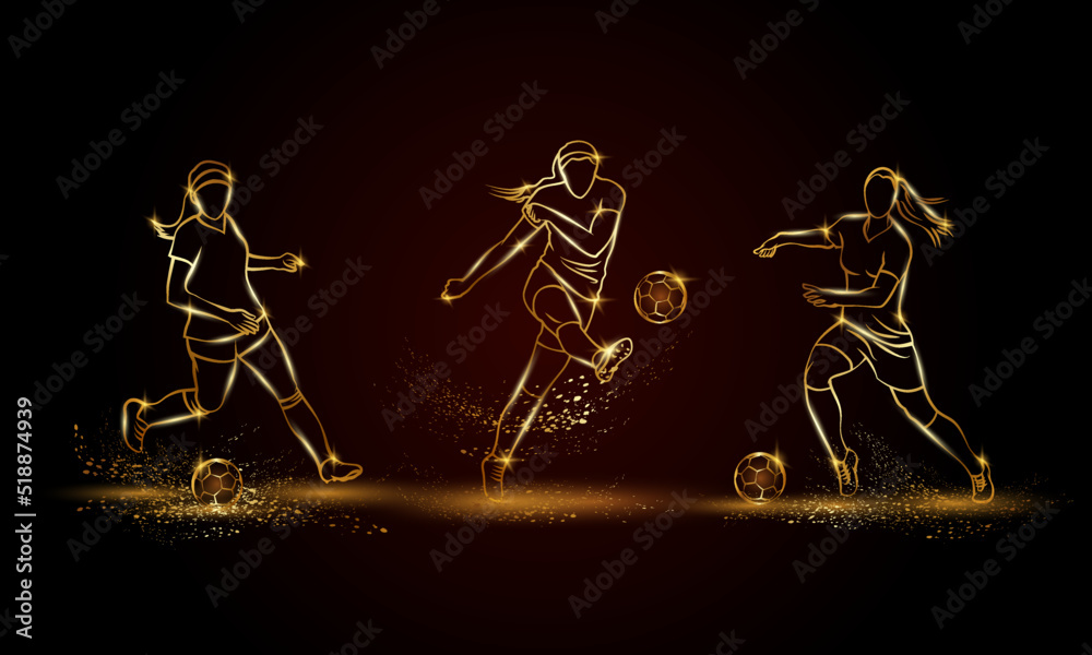 Women Football players set. Golden linear soccer player illustration ...