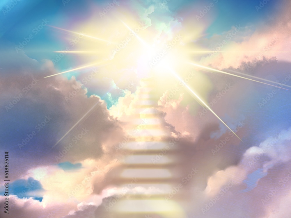 Illustration of a mystical gateway to heaven and a staircase of clouds ...