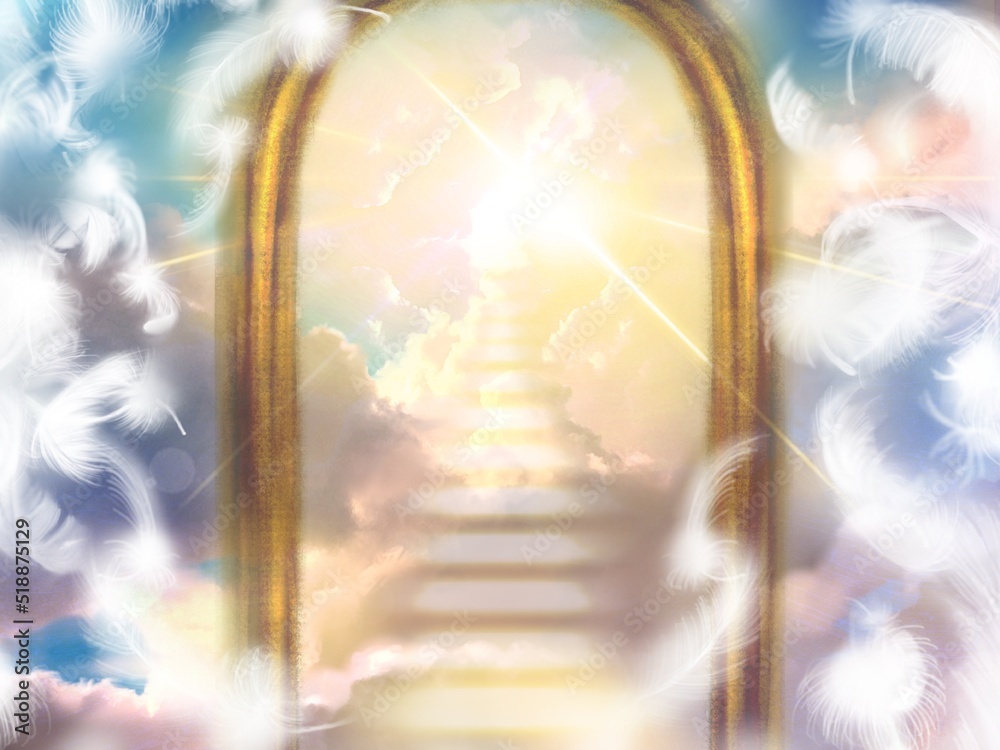This illustration depicts the golden gates of heaven seen beyond the ...