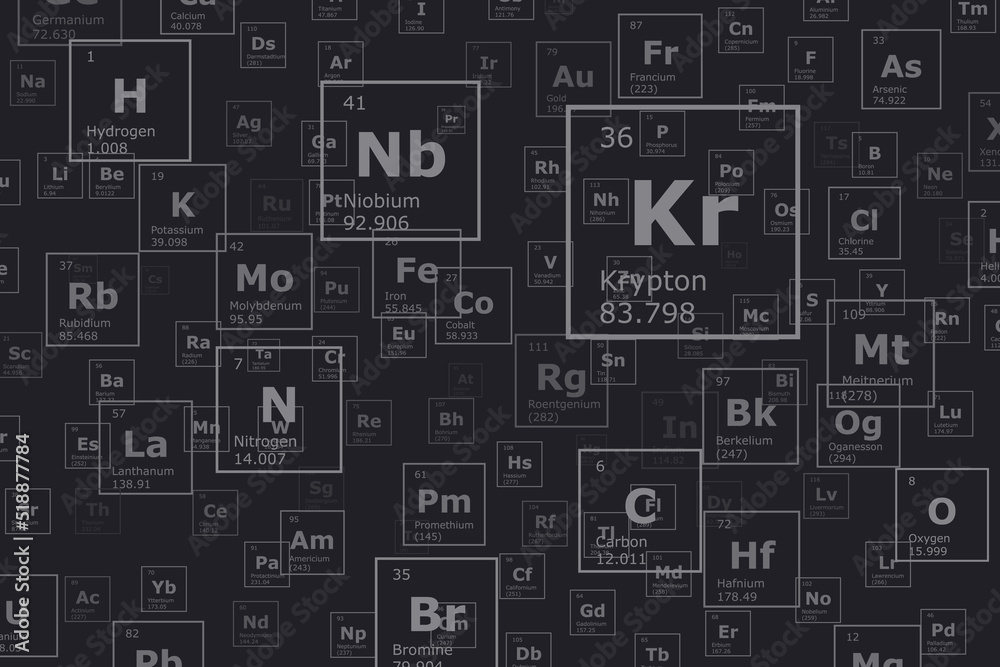 Black background of the chemical elements of the periodic table, atomic ...