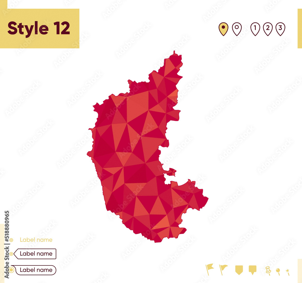 Karnataka, India - red low poly map, polygonal map. Outline map. Vector ...