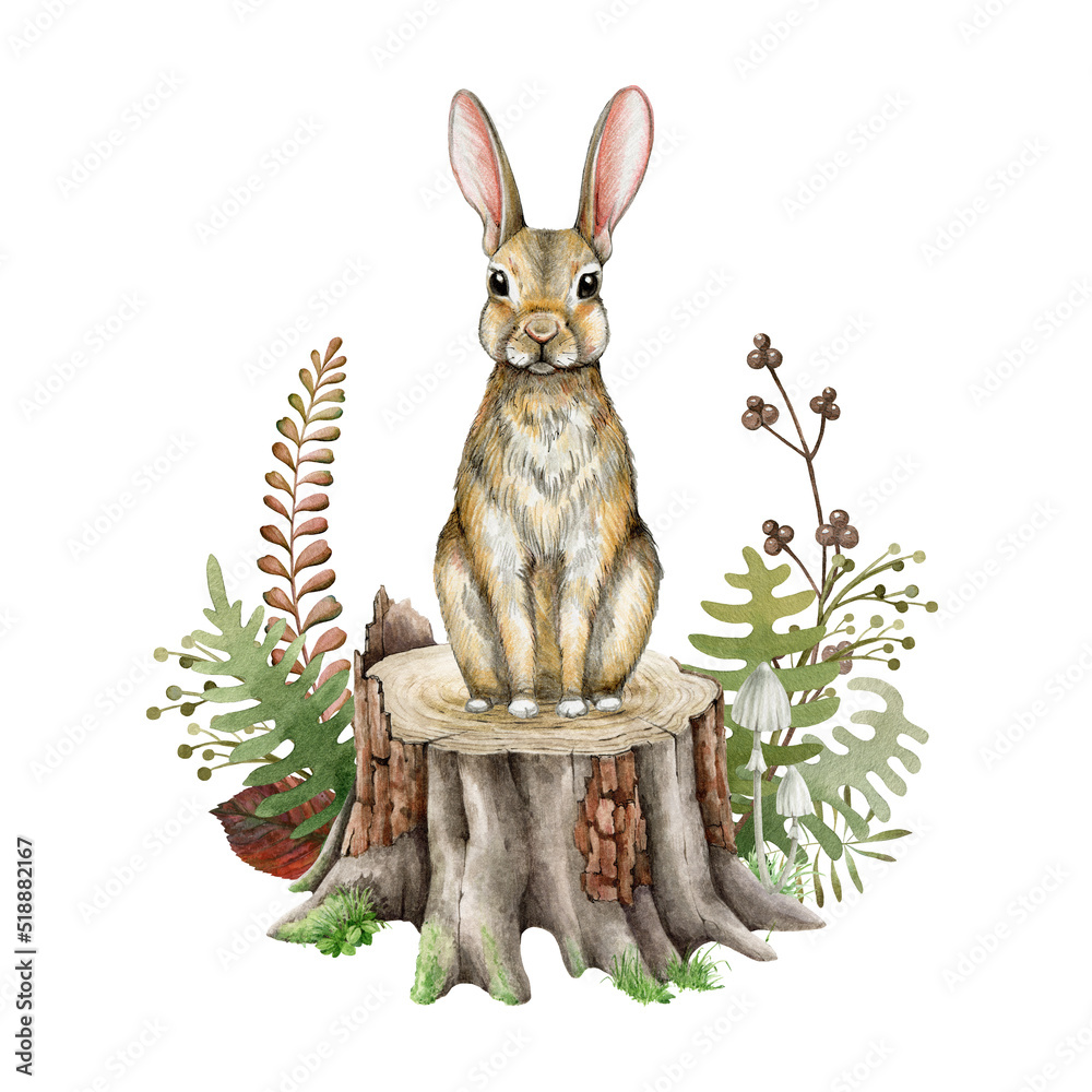 Small cute bunny on a tree stamp. Watercolor illustration. Hand drawn ...