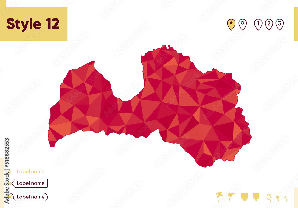 Latvia - red low poly map, polygonal map. Outline map. Vector ...