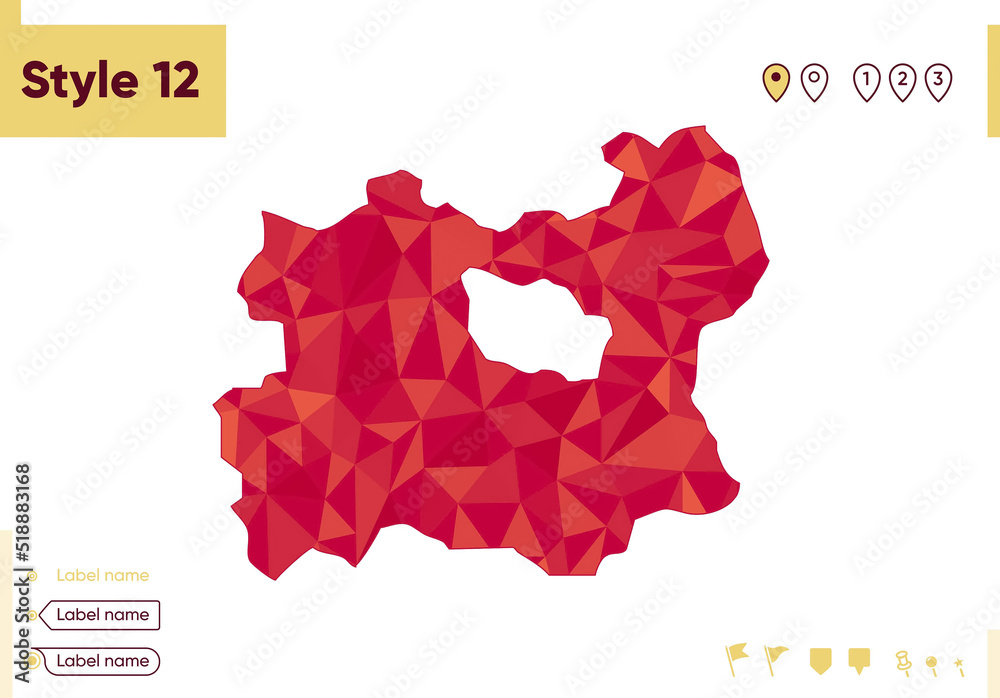 Tov, Mongolia - red low poly map, polygonal map. Outline map. Vector ...