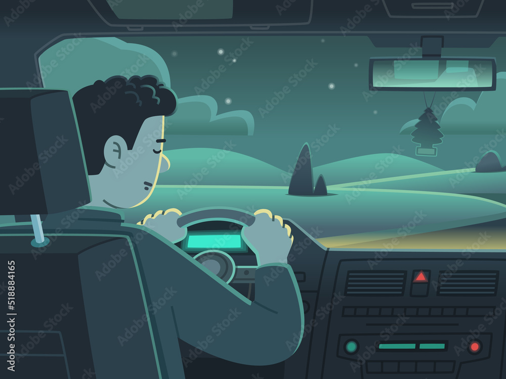 Male driver dozing or fell asleep at the wheel of a car. Sleep while ...