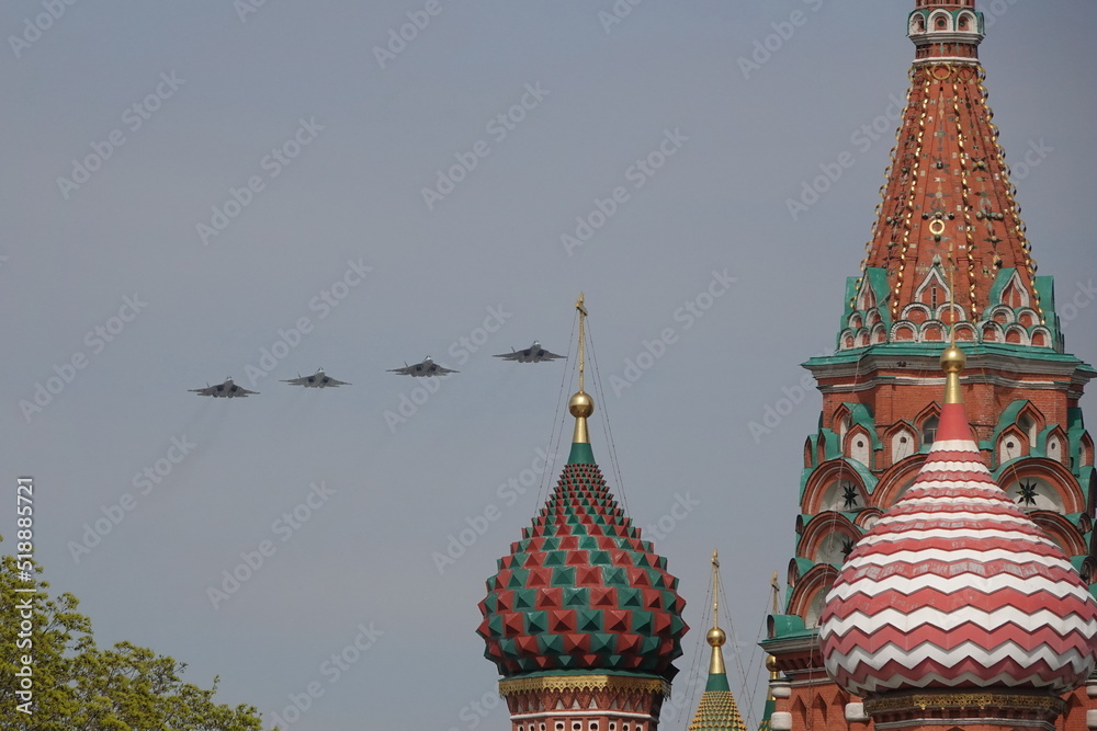 Russian multi-purpose fighters of the fifth generation Su-57 in the sky ...