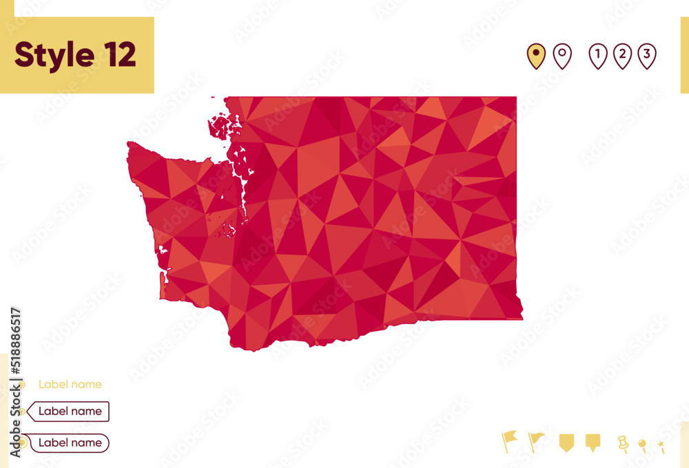 Washington, USA - red low poly map, polygonal map. Outline map. Vector ...