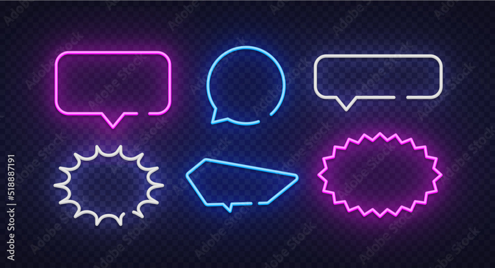 Neon speech bubble in line art style on blue background. Dialog, chat ...