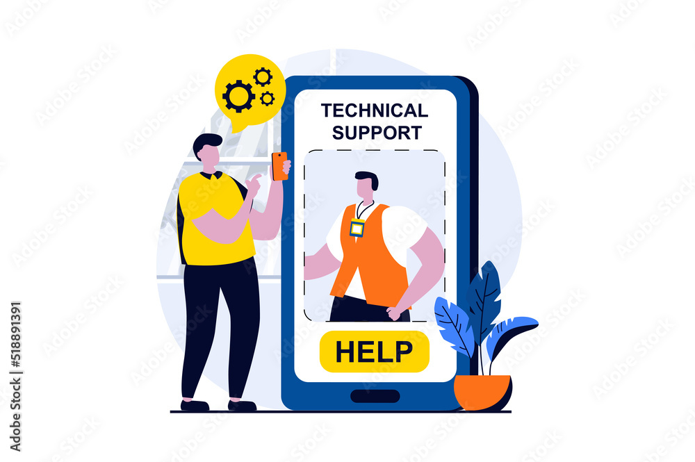 Technical support concept with people scene in flat cartoon design. Man ...