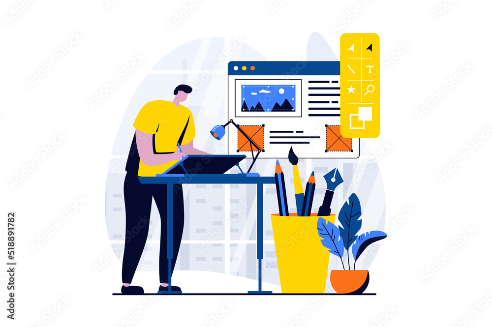 Ui ux design concept with people scene in flat cartoon design. Man ...