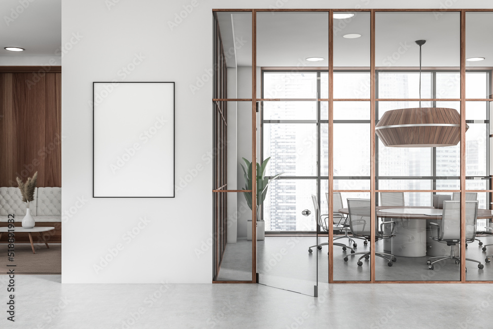 Light conference room interior with round table, panoramic window ...