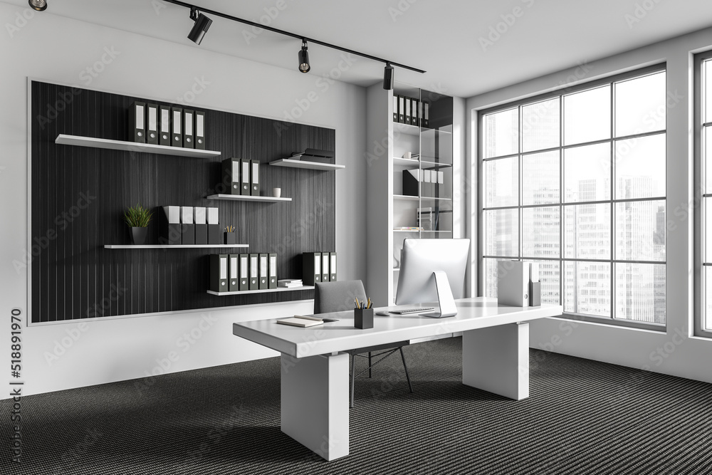 Light office interior with work table, shelf and documents, panoramic ...