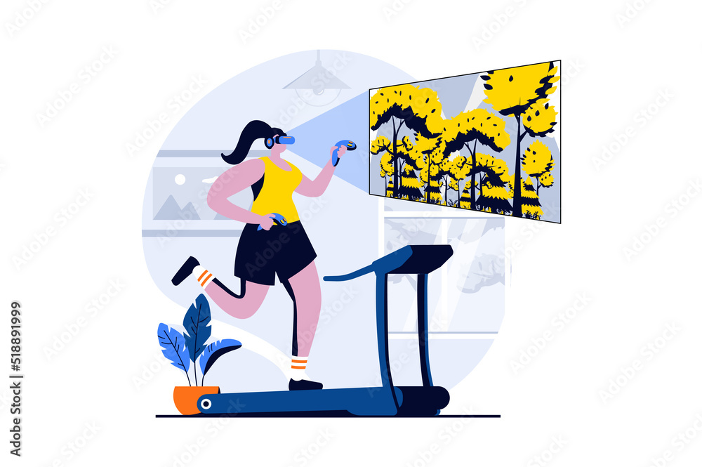Virtual reality concept with people scene in flat cartoon design. Woman ...