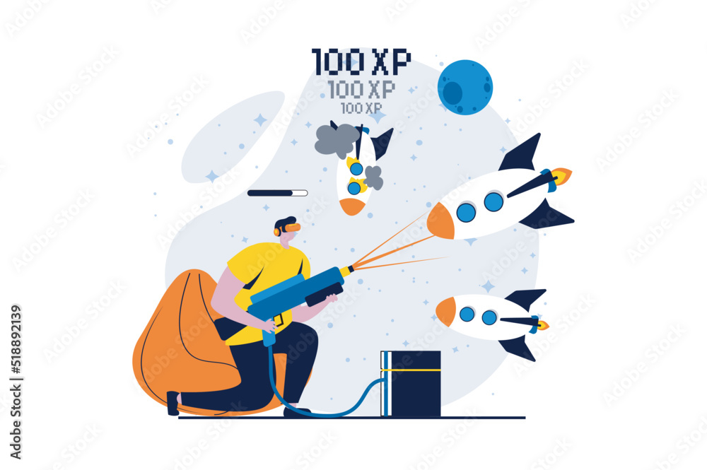 Virtual reality concept with people scene in flat cartoon design. Man ...