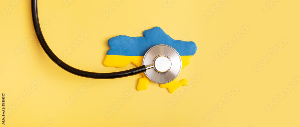 Banner with stethoscope and Ukraine map in national flag colors of ...