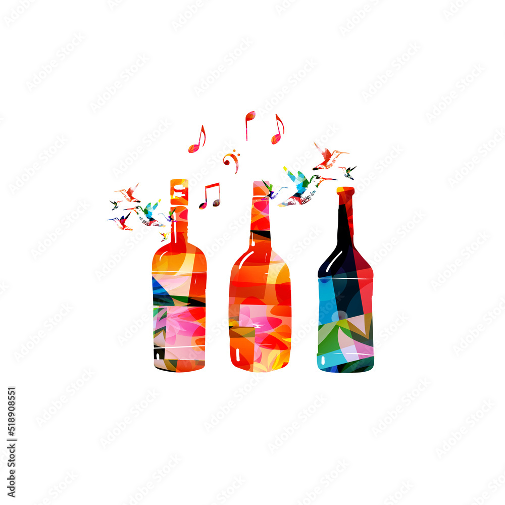 Colorful glass bottles with musical notes vector illustration. Party ...