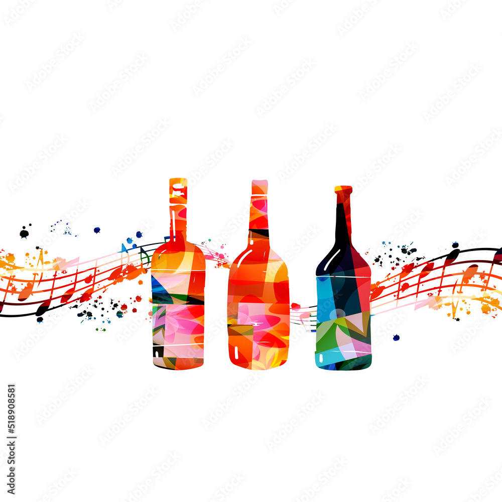 Colorful glass bottles with musical notes vector illustration. Party ...