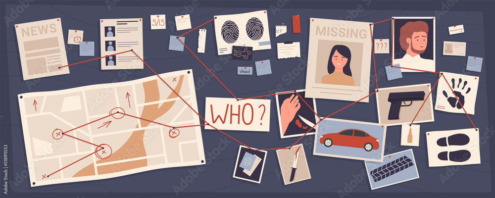 Vetor de Detective board with pins and evidences on wall, crime ...