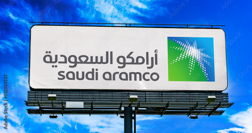 Advertisement billboard displaying logo of Saudi Aramco Stock Photo ...
