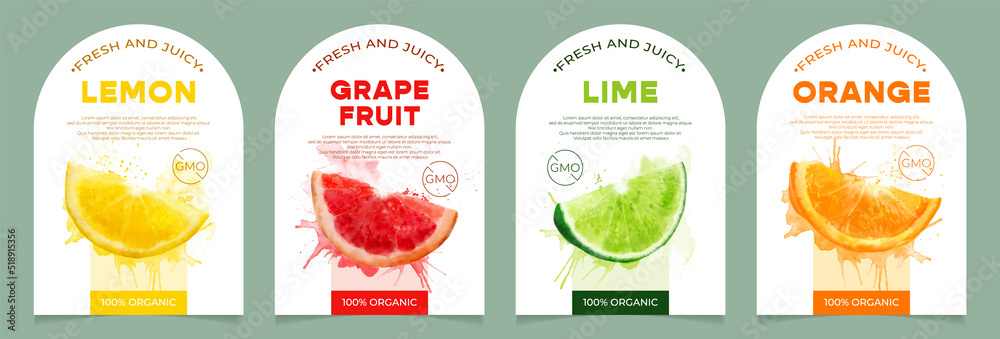 Set of 3 labels, packaging of fresh and juicy citrus fruits. Natural ...
