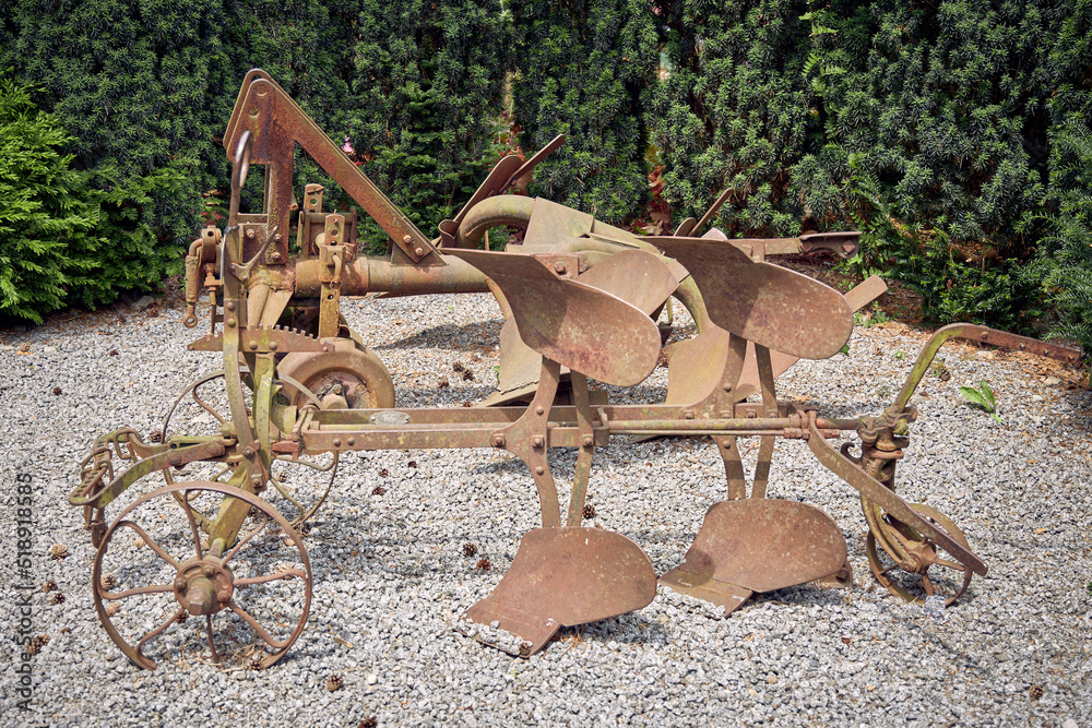 An ancient, ancient tool for cultivating the earth. Old plow. Stock ...