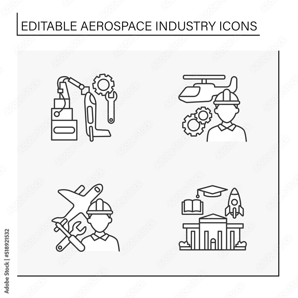 Aerospace industry line icons set. Helicopter, rocket and plane ...
