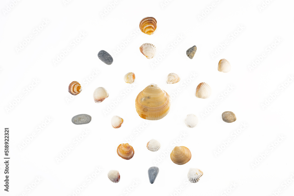 Pattern in the form of a circle of sea shells and sea stones around a ...