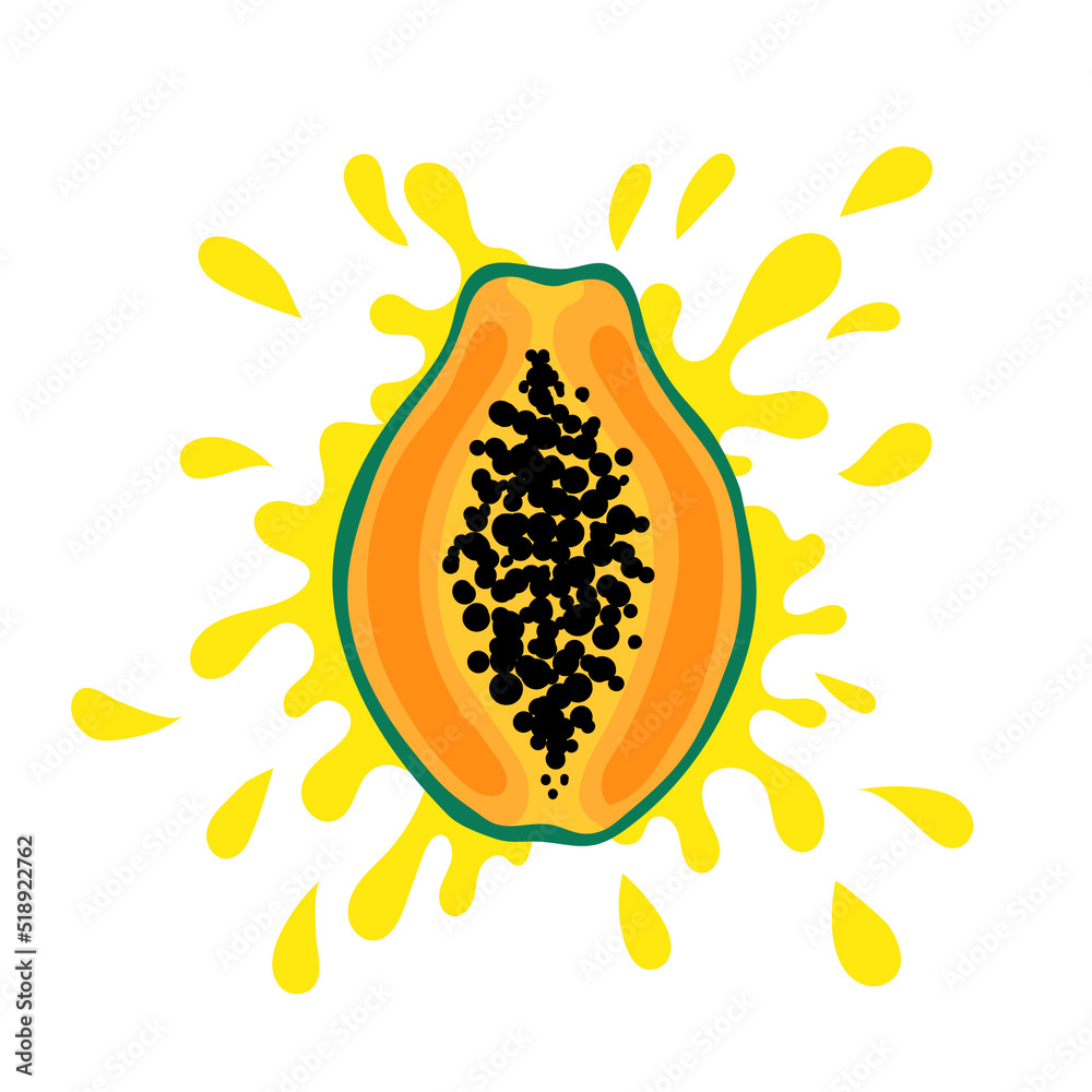 Tropical yellow papaya and juice splash. Hand drawn half papayas ...
