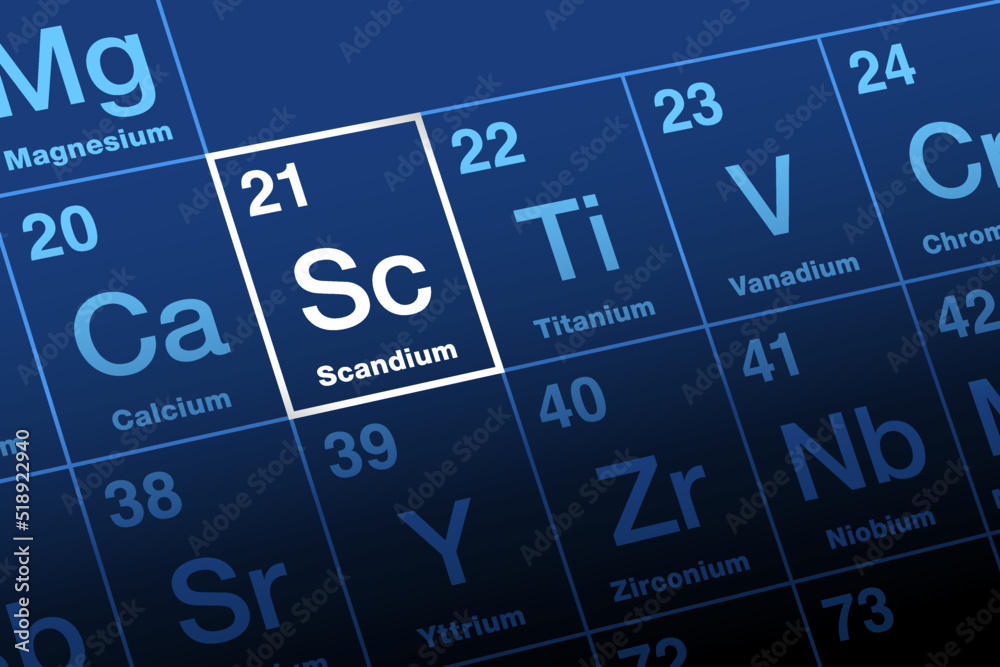 Scandium on periodic table. Soft metal and rare earth element, with ...