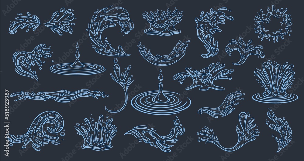Water splashes outline icons set. Hand drawn spray of fountain with ...