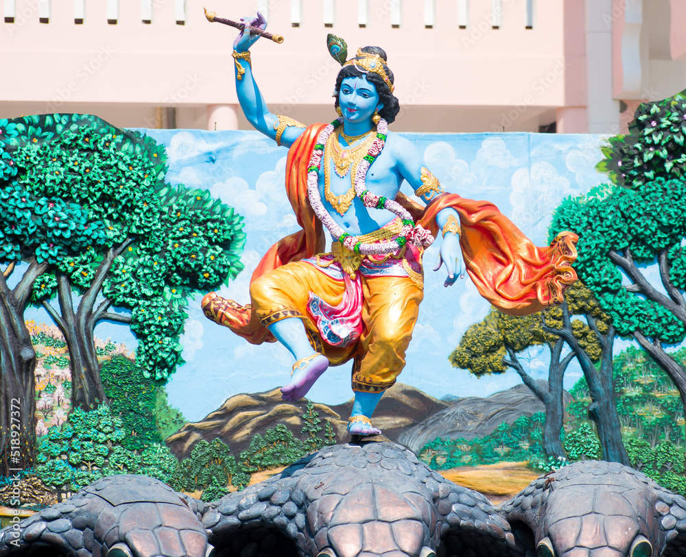 Colorful life size idols of Krishna dancing at Prem Mandir temple ...